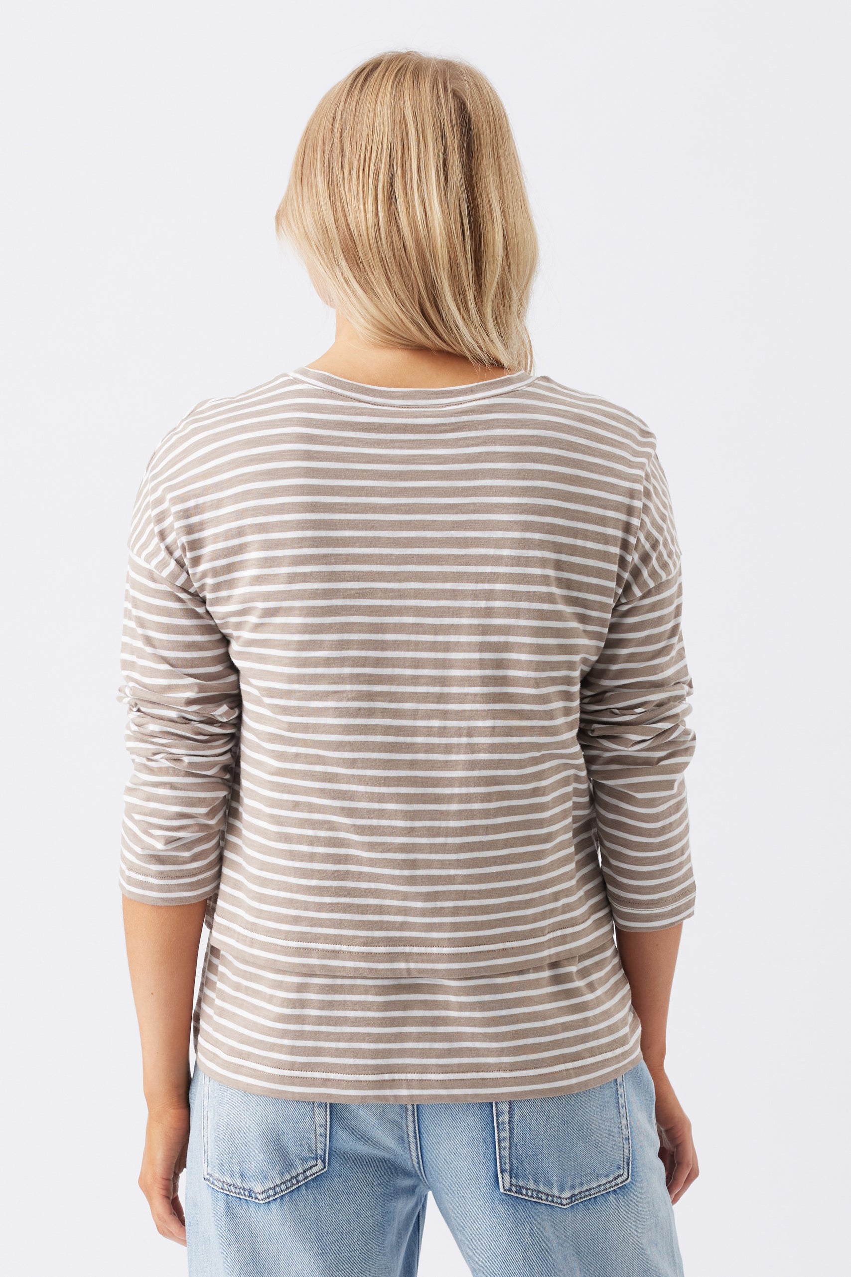 Double Layer Long Sleeve Striped Maternity and Nursing Shirt taupe/whi ...