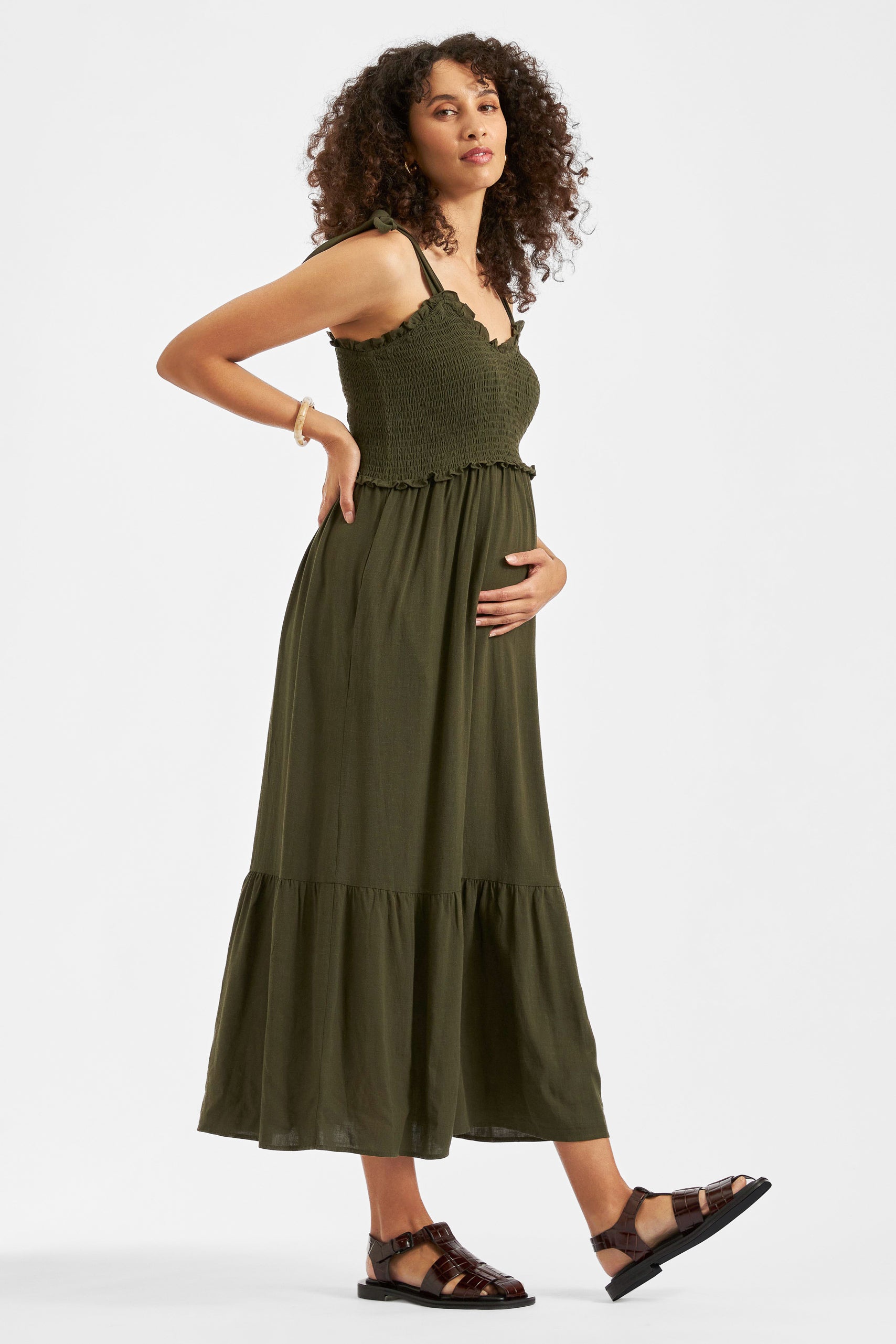 Maxi maternity dress with smock detail, khaki – Mamarella GmbH