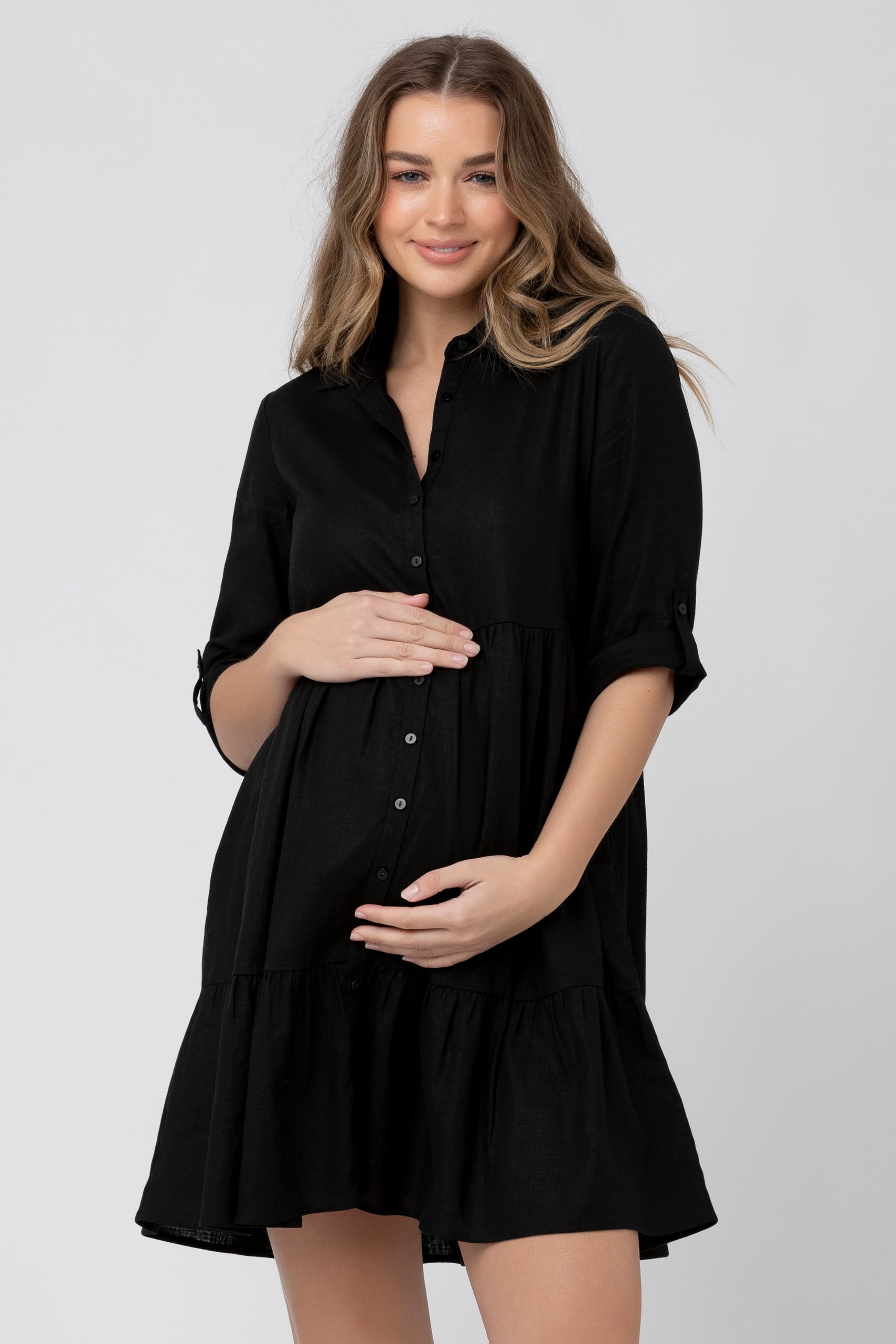 Maternity and nursing tunic dress with button placket, black ...