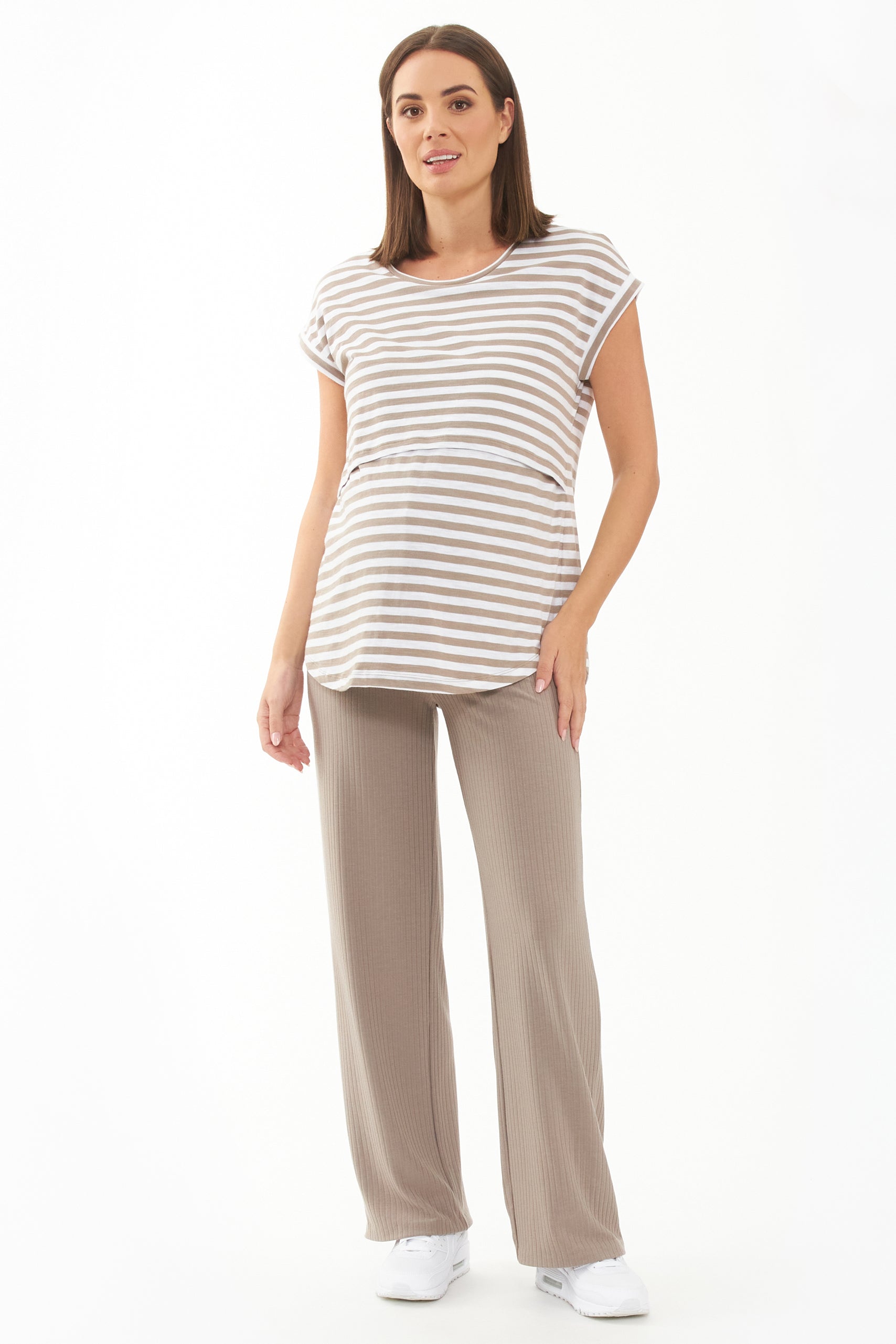 Striped maternity and nursing shirt, camel and white – Mamarella GmbH